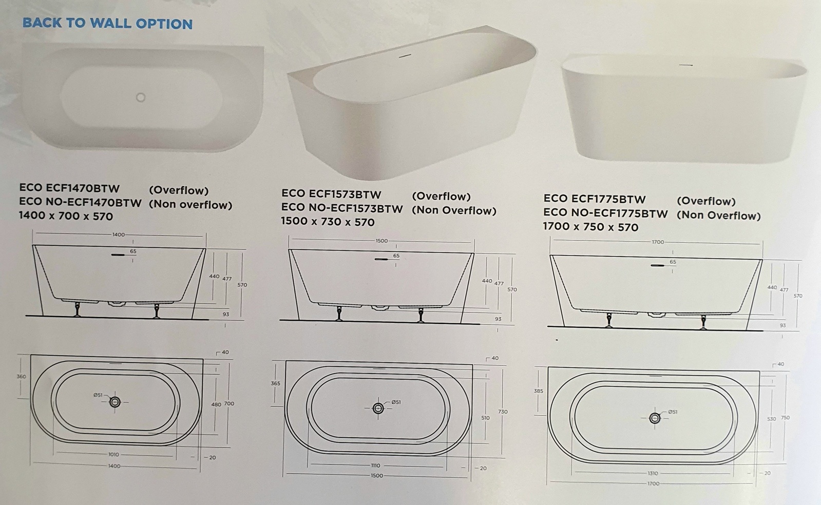Oceano Bath Tub 1700 x 750 Back to Wall Center Sanitary Grade Acrylic ...
