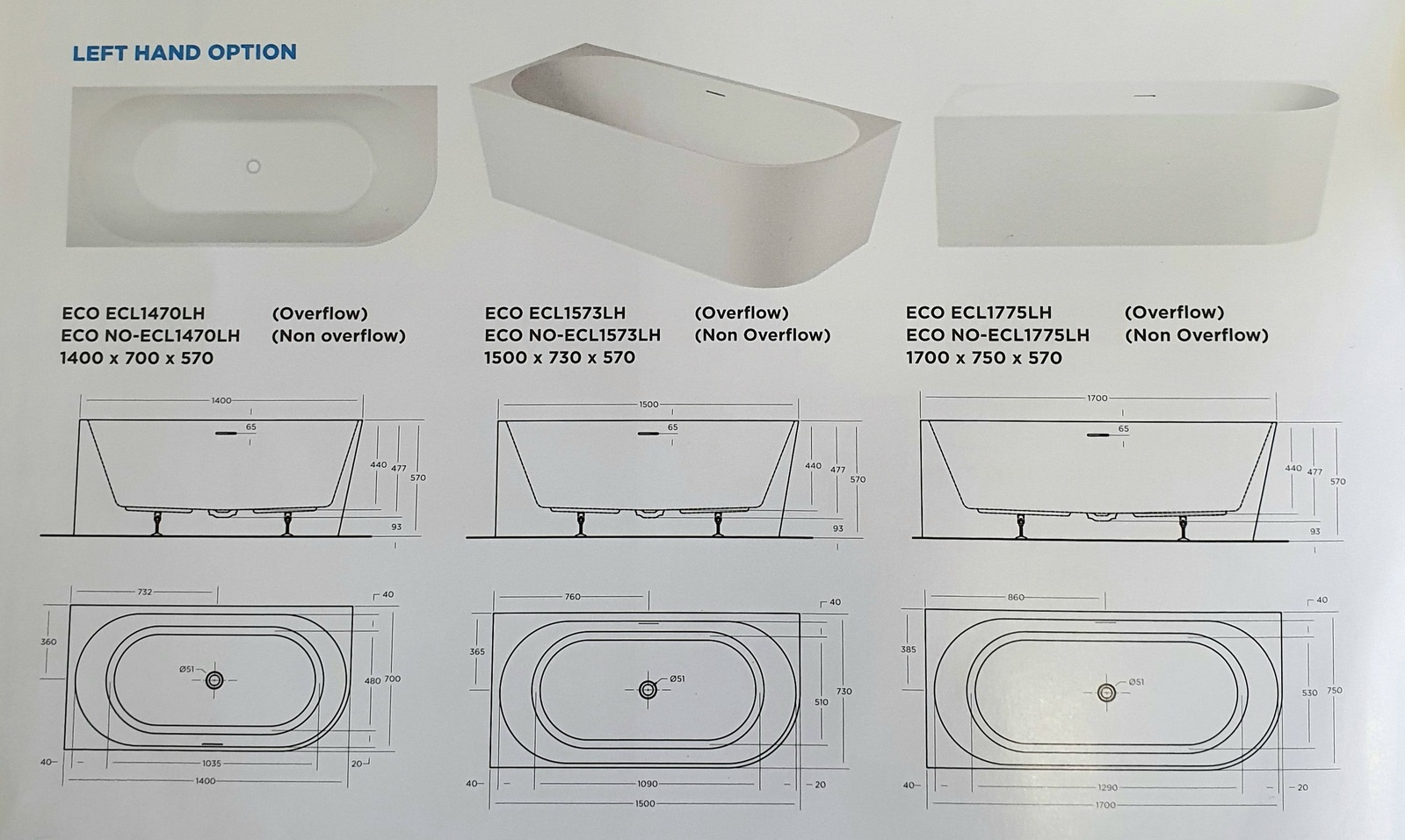 Oceano Bath Tub 1700 x 750 Back to Wall Left Hand Sanitary Grade ...