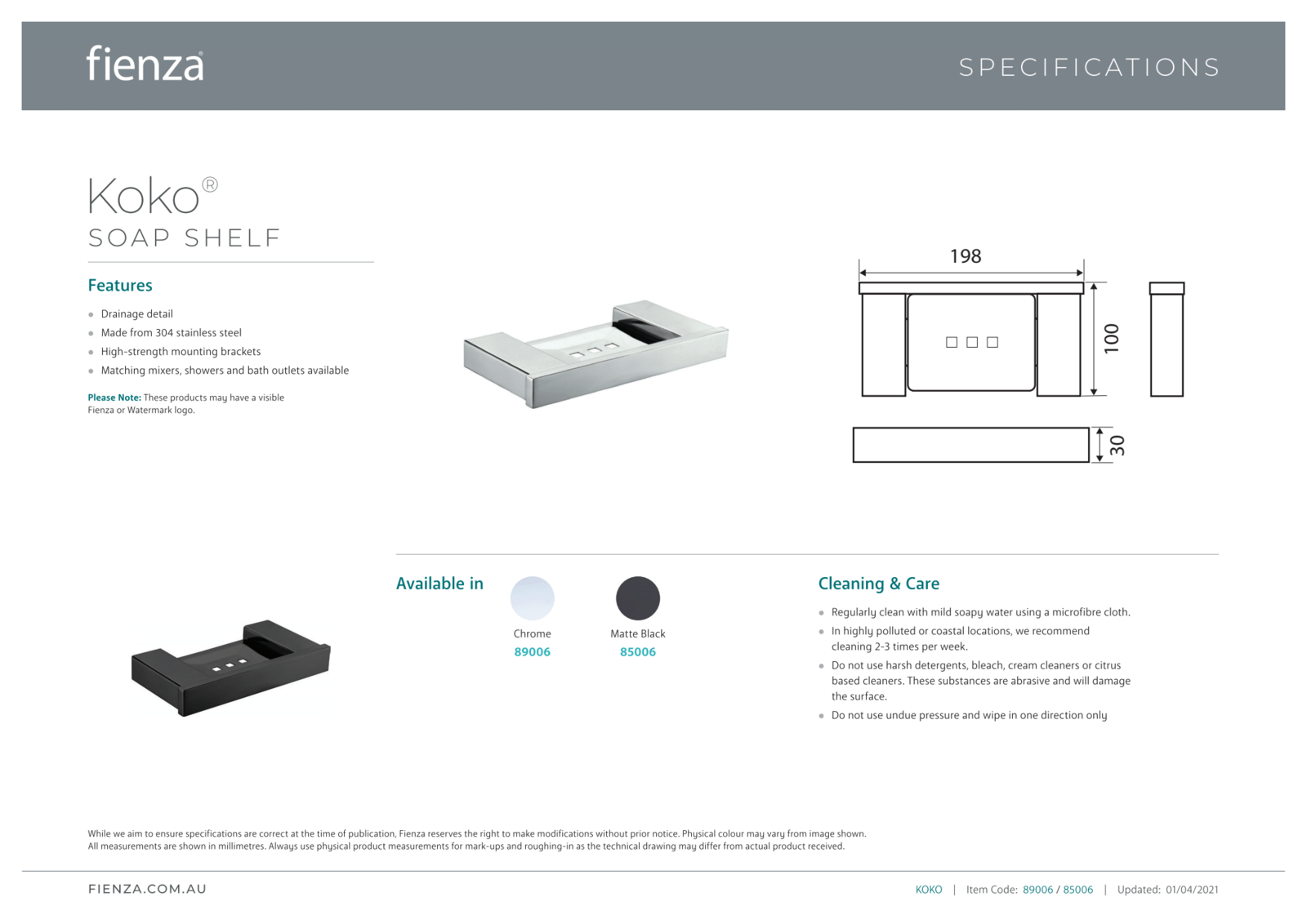 Fienza Koko Metal Soap Shelf Dish Matte Black 85006