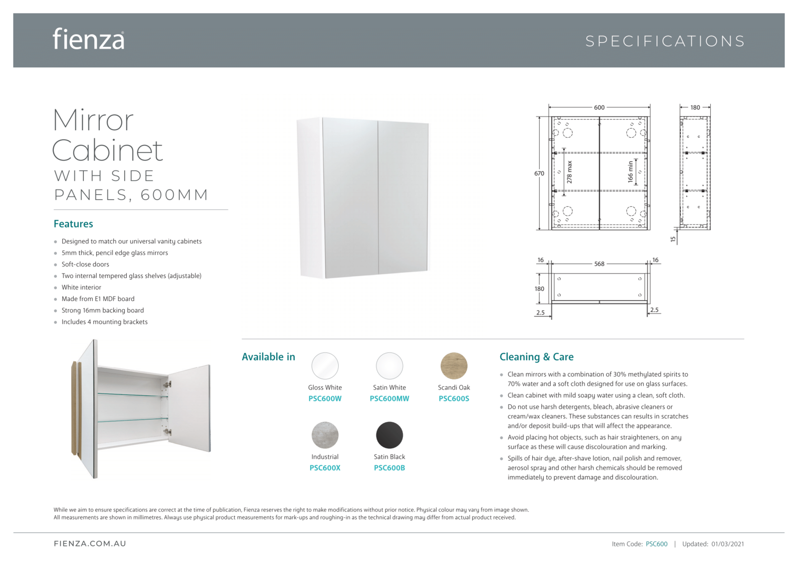 Fienza 600 Mirror Cabinet with Satin Black Side Panels PSC600B