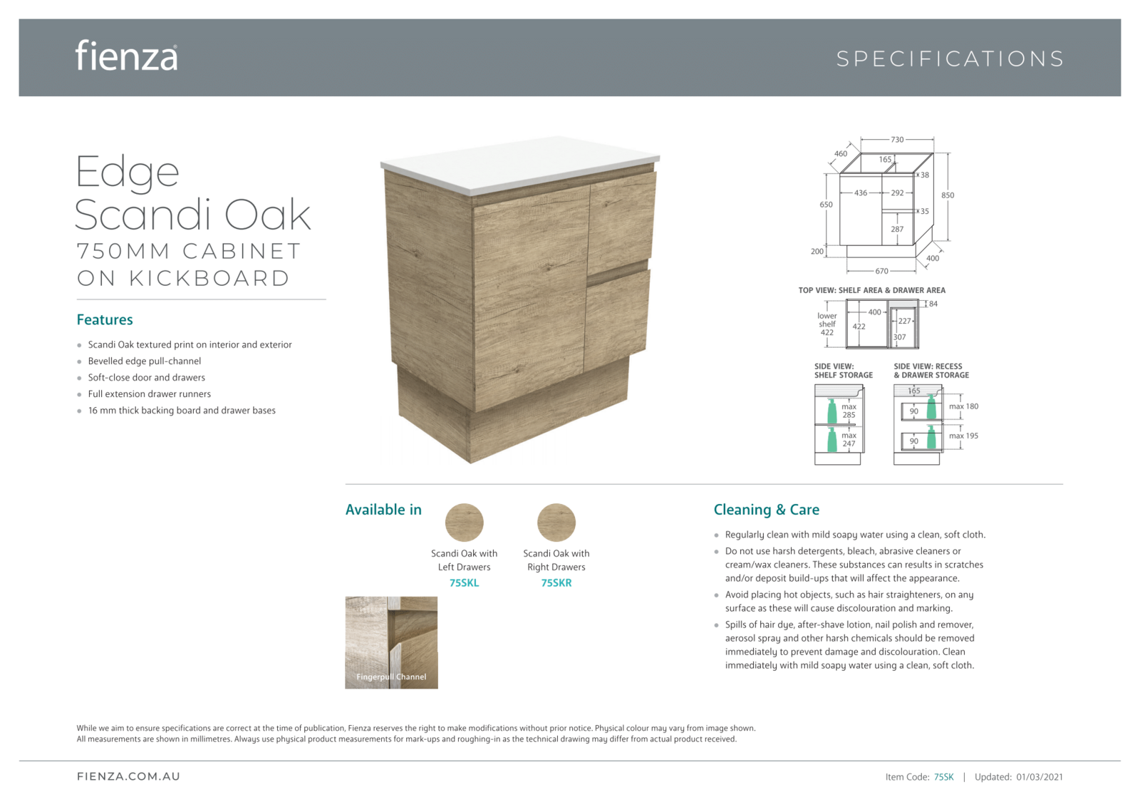 Fienza Dolce Edge 750 Vanity on Kickboard Scandi Oak TCLB75SKR