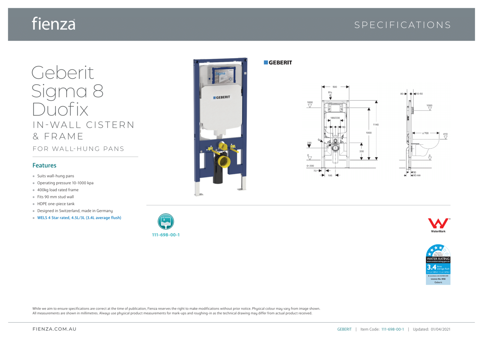 Fienza Gerberit Sigma Duofix 8 In-Wall Cistern for Wall-Hung Pan 111 ...