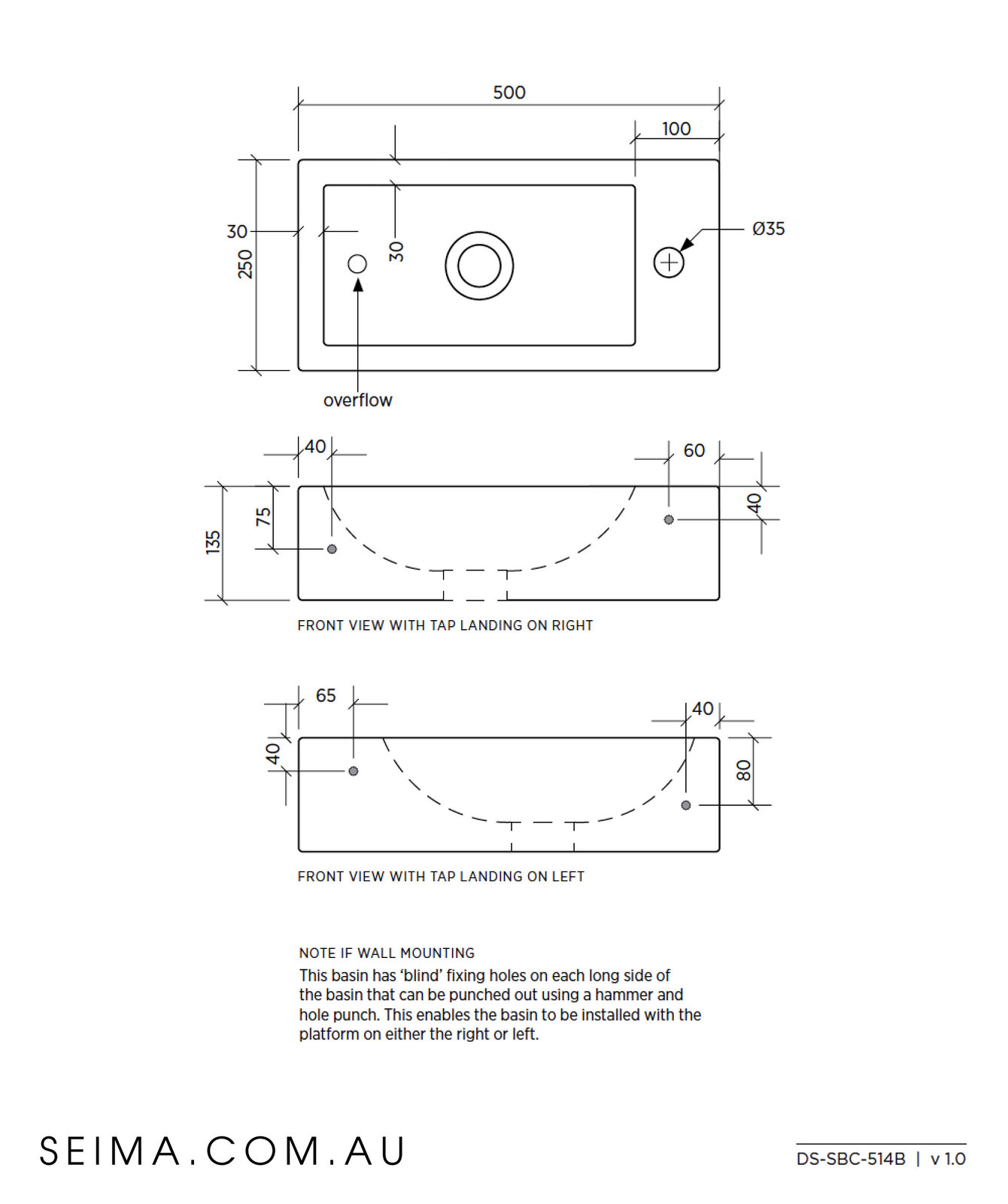 Seima Ceramic Wall Basin Basin D Shaped Gloss White One Tap Hole CHIOS ...