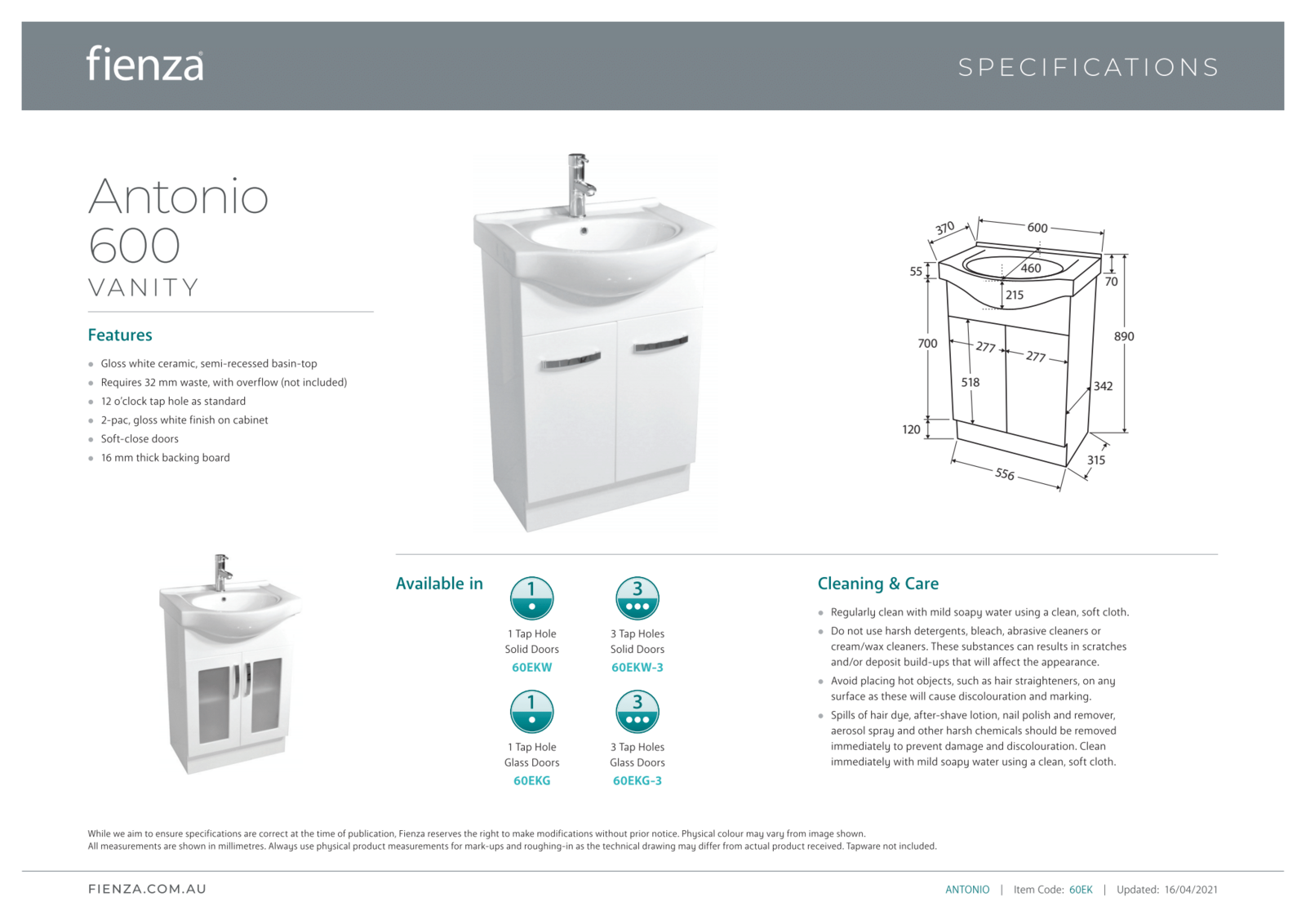 Fienza Antonio Solid Doors 600 Bathroom Vanity Cabinet White 60EKW