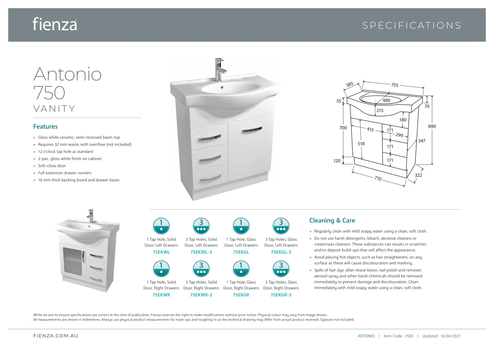 Fienza Antonio Solid Door 750 Bathroom Vanity Cabinet White 75EKWR