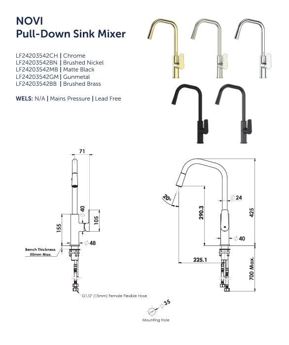 Pull Down Kitchen Sink Mixer Gooseneck Tap Brushed Nickel Greens Tapware Novi LF24203542BN