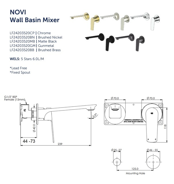 Wall Basin Mixer Bathroom Vanity Tap Brushed Nickel Greens Tapware Novi LF24203520BN