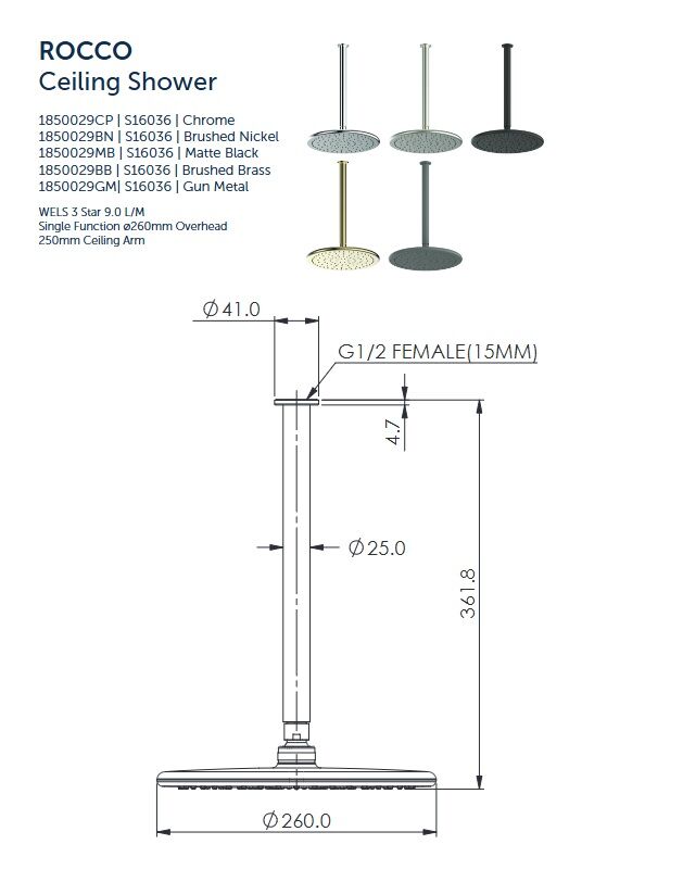 Bathroom Overhead Ceiling Shower 260mm Head Gun Metal Greens Tapware ...