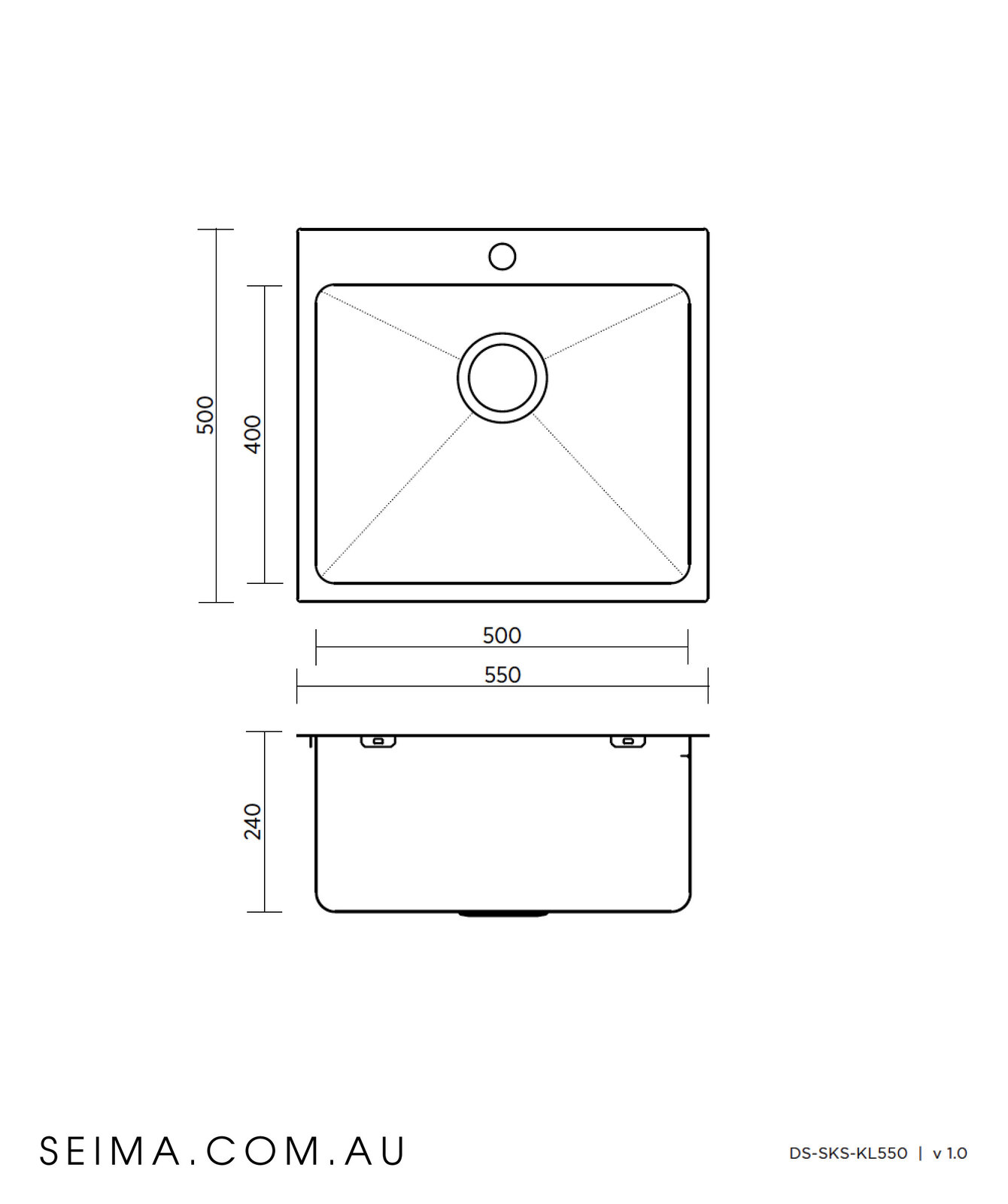 Seima 45L Kitchen Sink Single Bowl Inset 304 Stainless Steel KUBIC DEEP ...