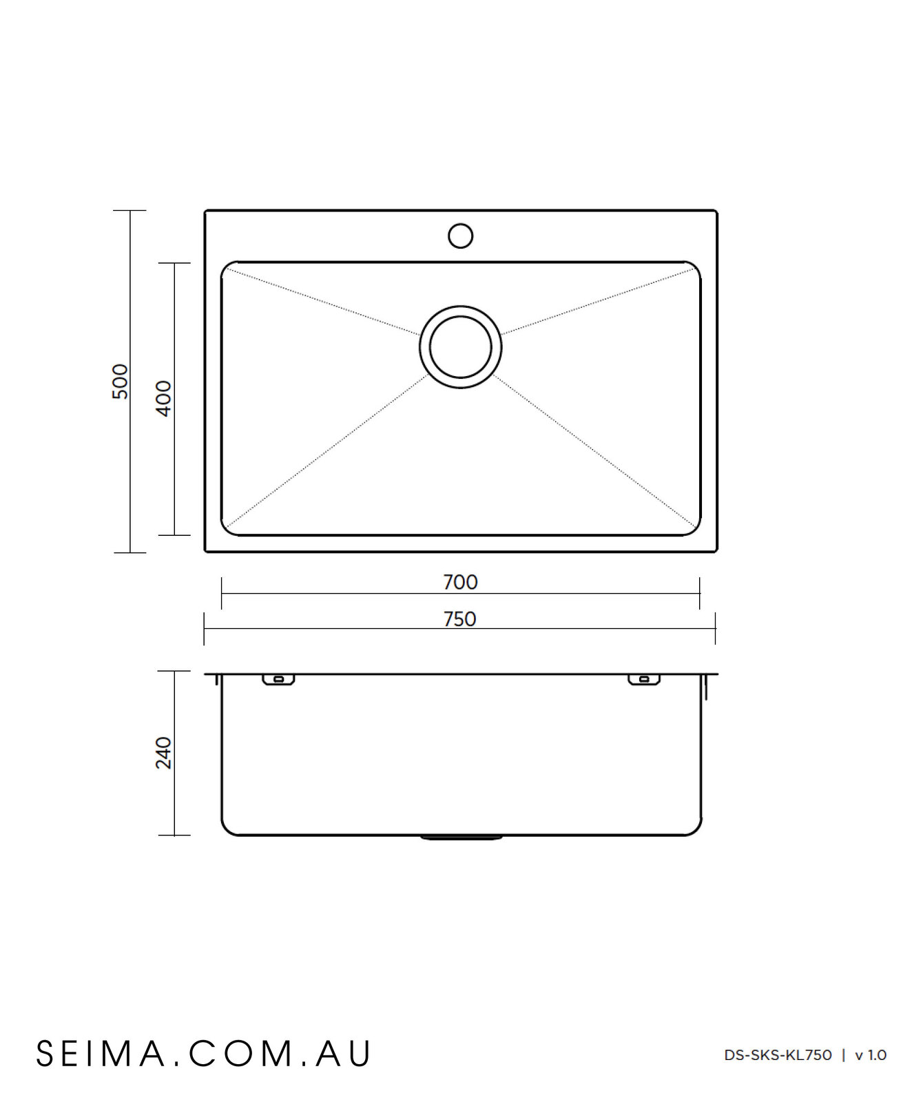 Seima Single Bowl Kitchen Sink 45 Litre One Tap Hole Kubic Deep 750 191660
