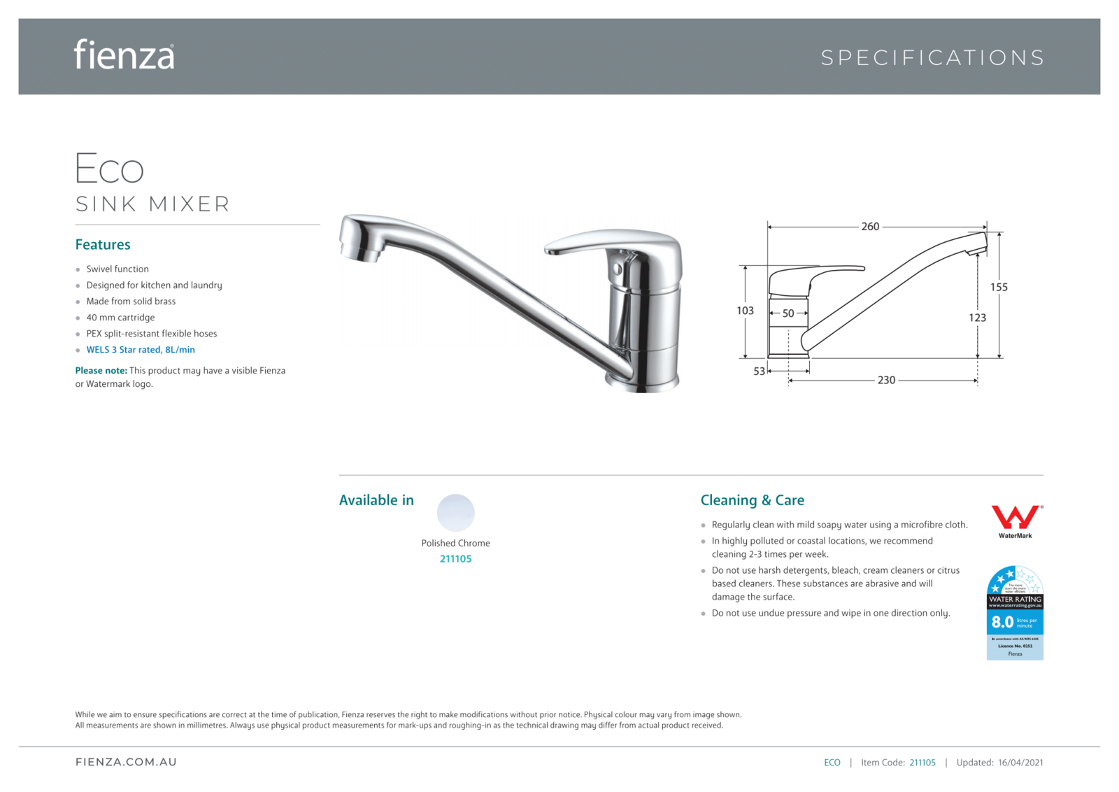 Fienza Eco Swivel Kitchen Sink Mixer Tap 211105-LF