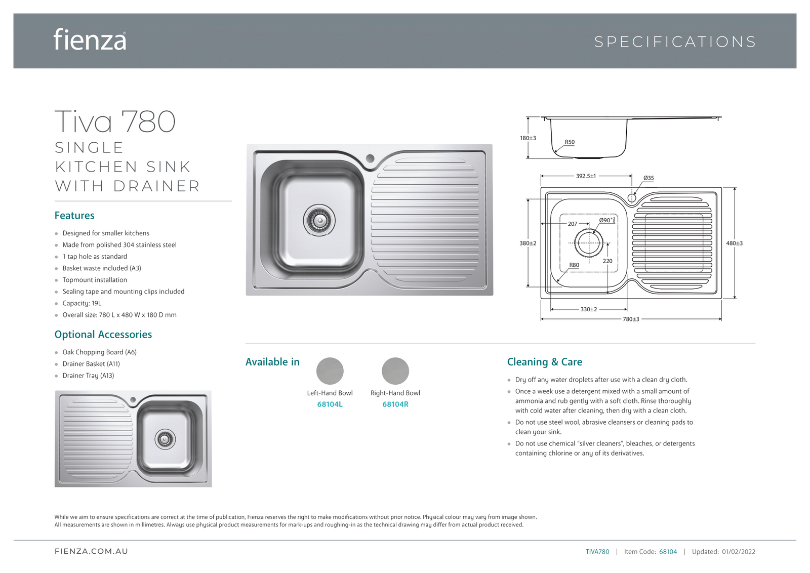 Fienza Tiva 780 SIngle Bowl Kitchen Sink with Drainer Right Bowl 19 ...