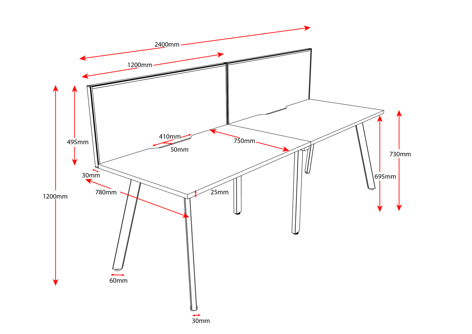 RapidLine Eternity 2 Person Desk 2400mm (1200mm per person) Single ...