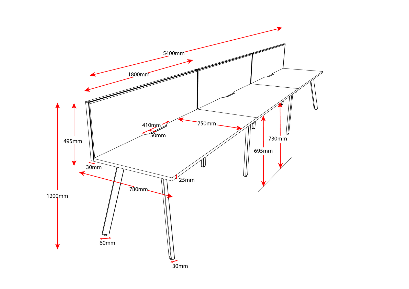 RapidLine Eternity 3 Person Desk 5400mm (1800mm per person) Single ...