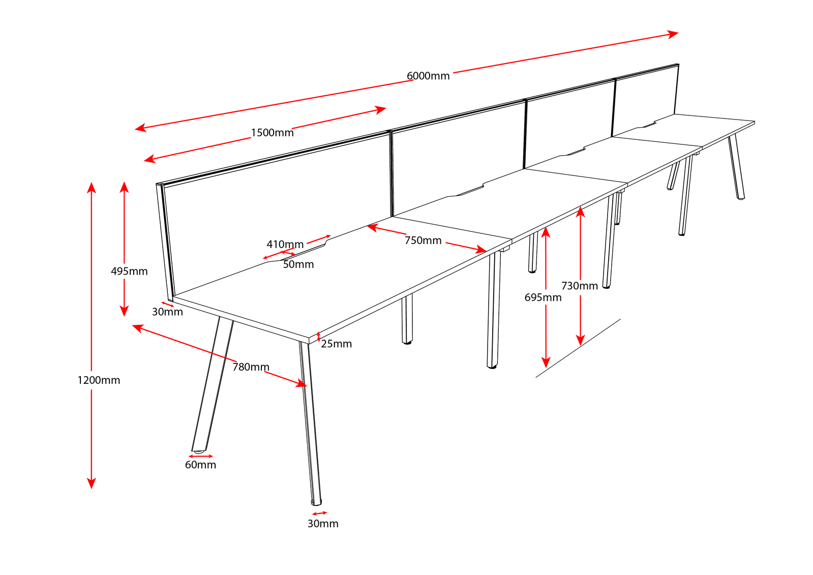 RapidLine Eternity 4 Person Desk 6000mm (1500mm per person) Single ...