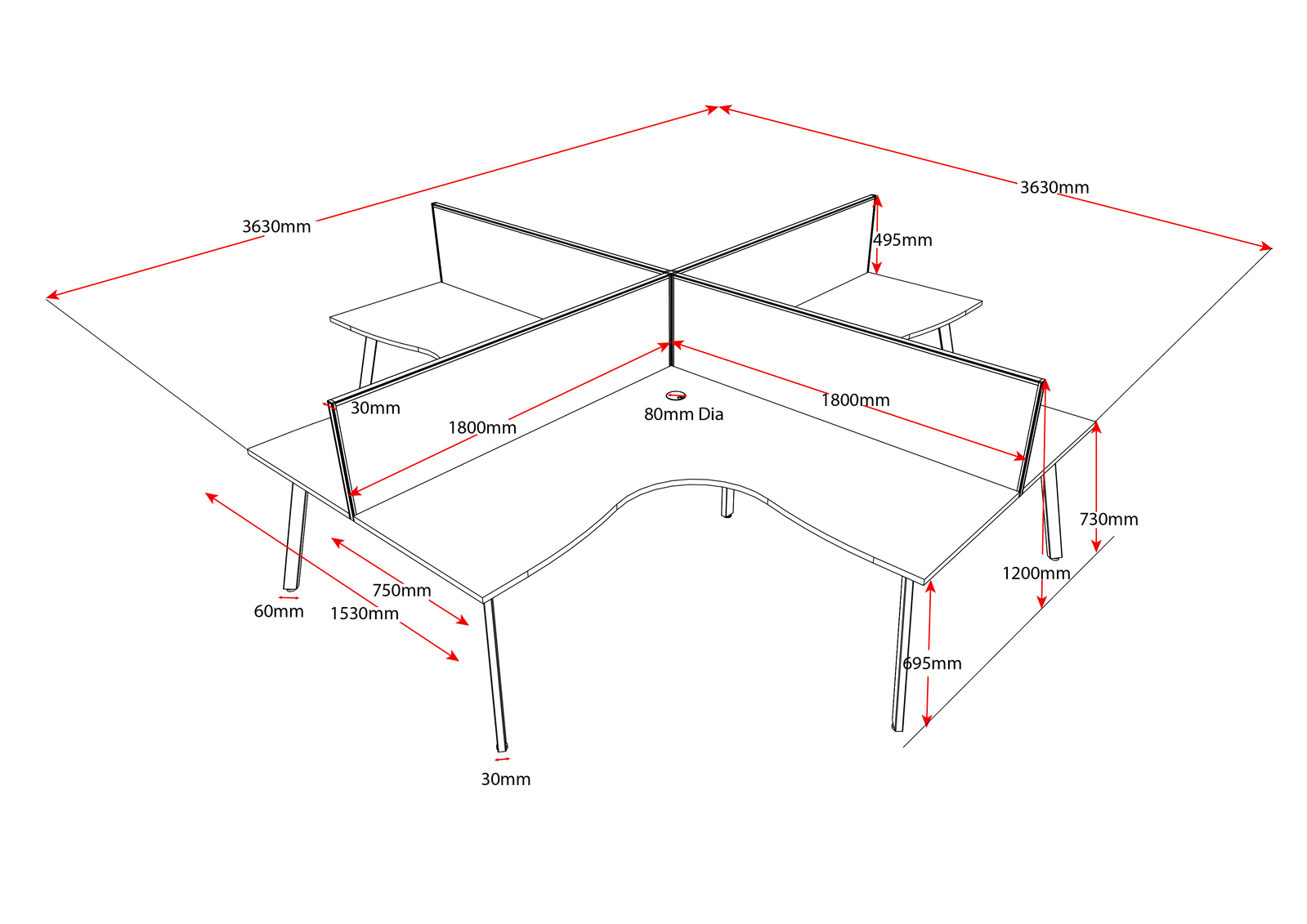 Eternity POD 4 Person Corner Workstation 3600mm x 3600mm Office Desk ...