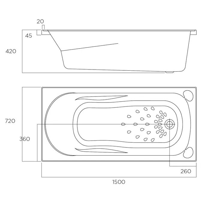 Oceano 165L Bath Tub 1500 x 720 Inset Bathtub Sanitary Grade Acrylic ...