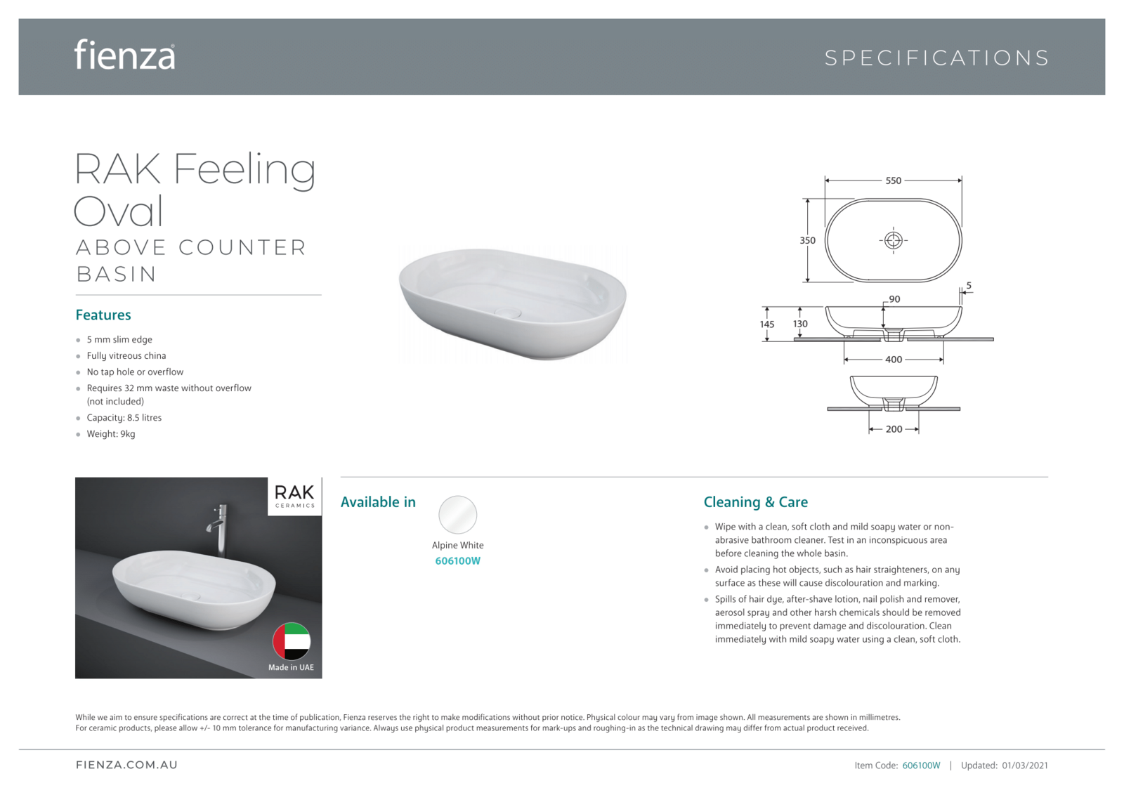 Fienza RAK Feeling Oval Ceramic Above Counter Basin White No Tap Hole ...