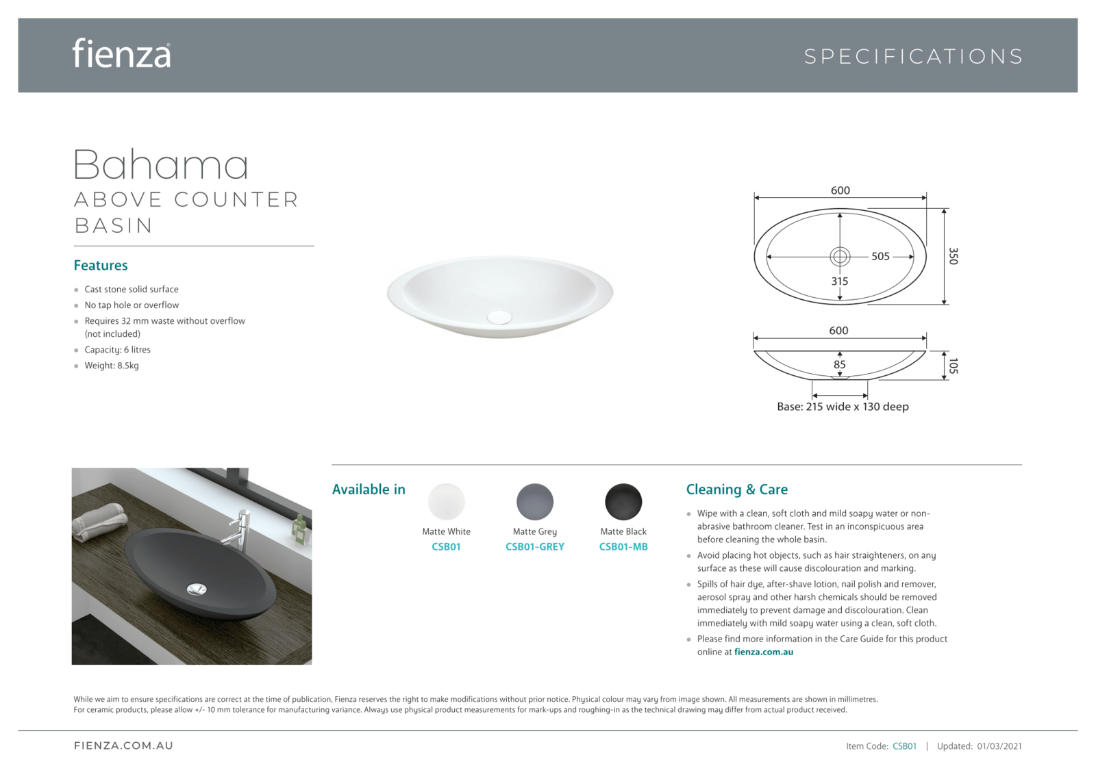 Fienza Bahama Cast Stone Solid Surface Above Counter Basin Matte White No Tap Hole 600mm x 350mm CSB