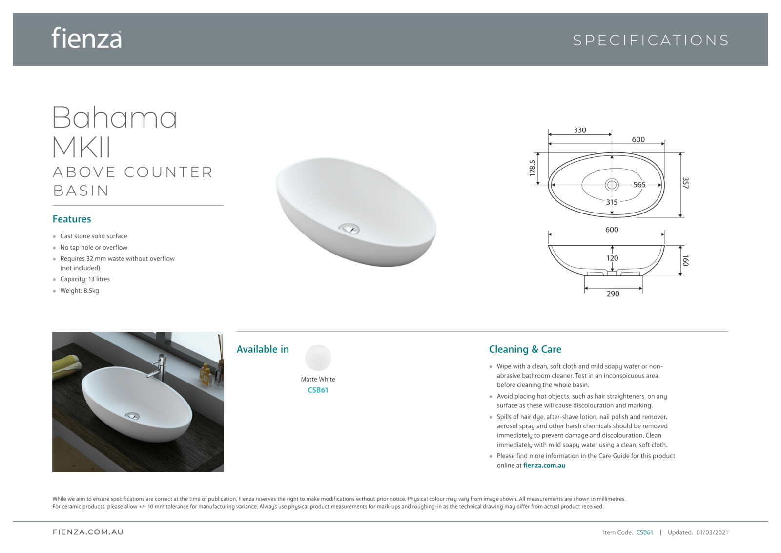Fienza Bahama Mkii Cast Stone Solid Surface Above Counter Basin Matte White No Tap Hole 600mm x 357m