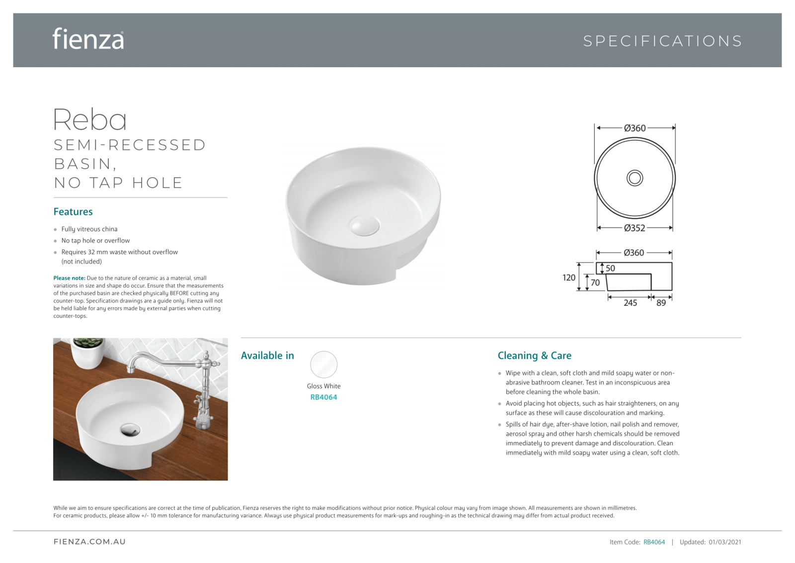 Fienza Reba Semi Recessed Basin Gloss White No Tap Hole 360mm x 360mm ...