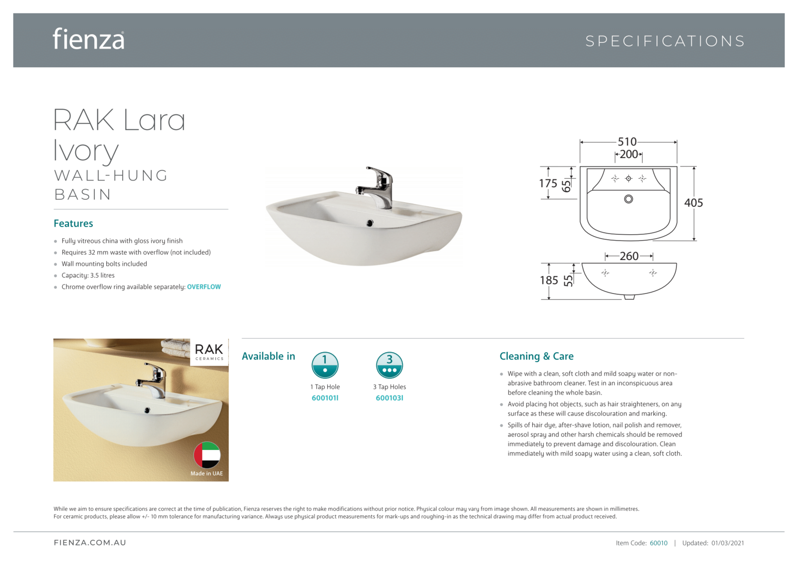 Fienza RAK Lara Wall Hung Basin Gloss White One Tap Hole 510mm x 405mm ...