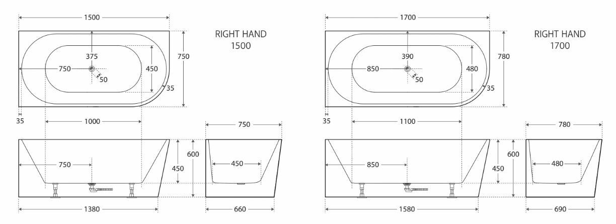 Fienza Isabella 1500 Bathtub Right Hand Acrylic Corner Bath Tub Gloss ...