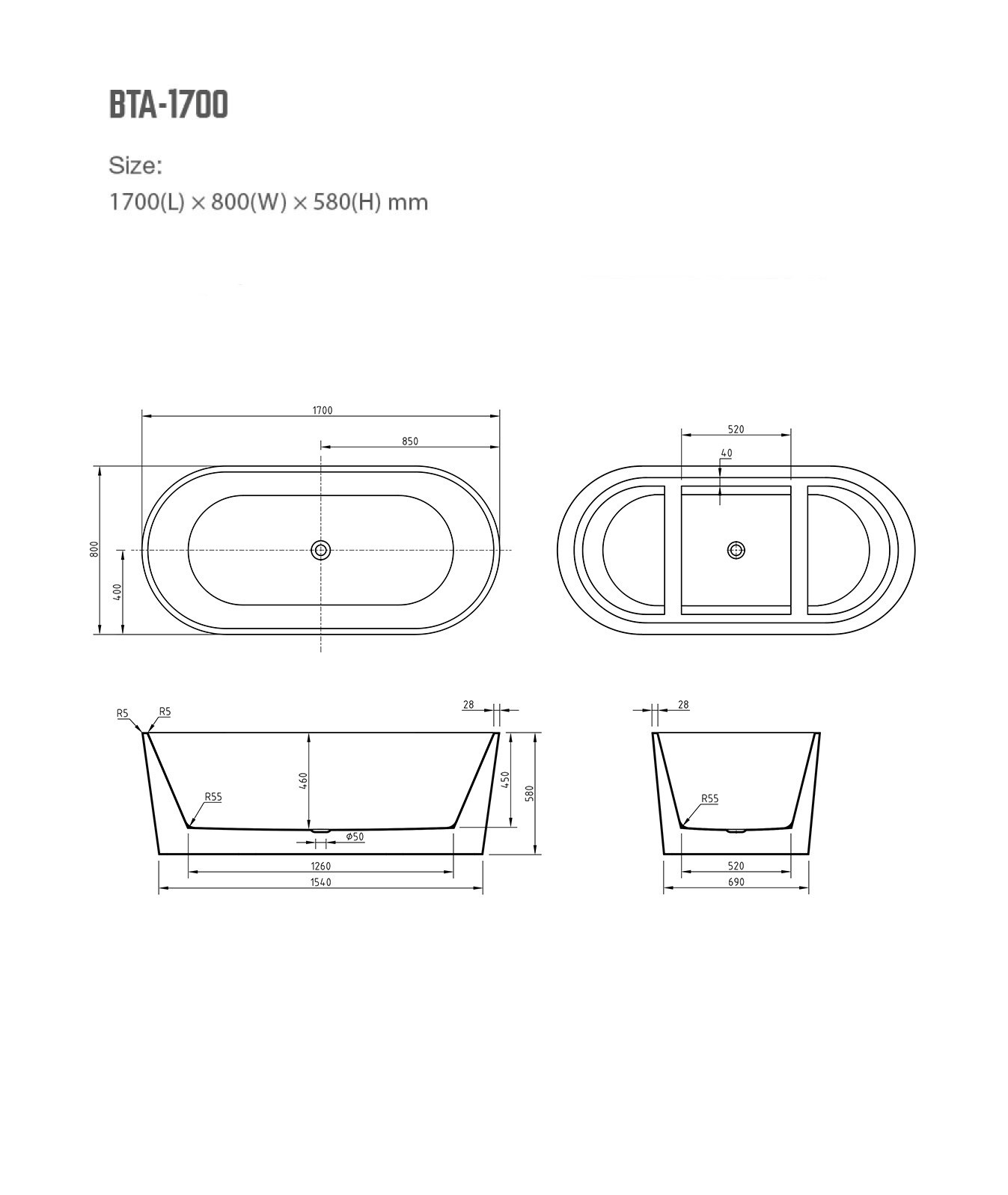 NAGA 1700 Freestanding Acrylic Bath Tub Bathroom Bathtub Prato White ...