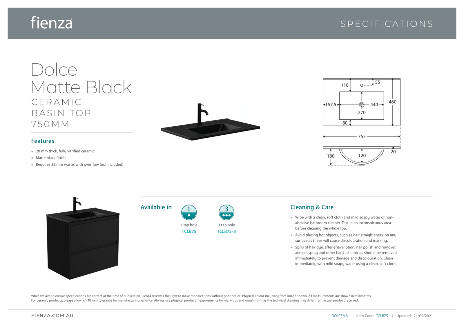 Fienza Dolce Edge 750 Wall Hung Vanity Scandi Oak TCLB75SR