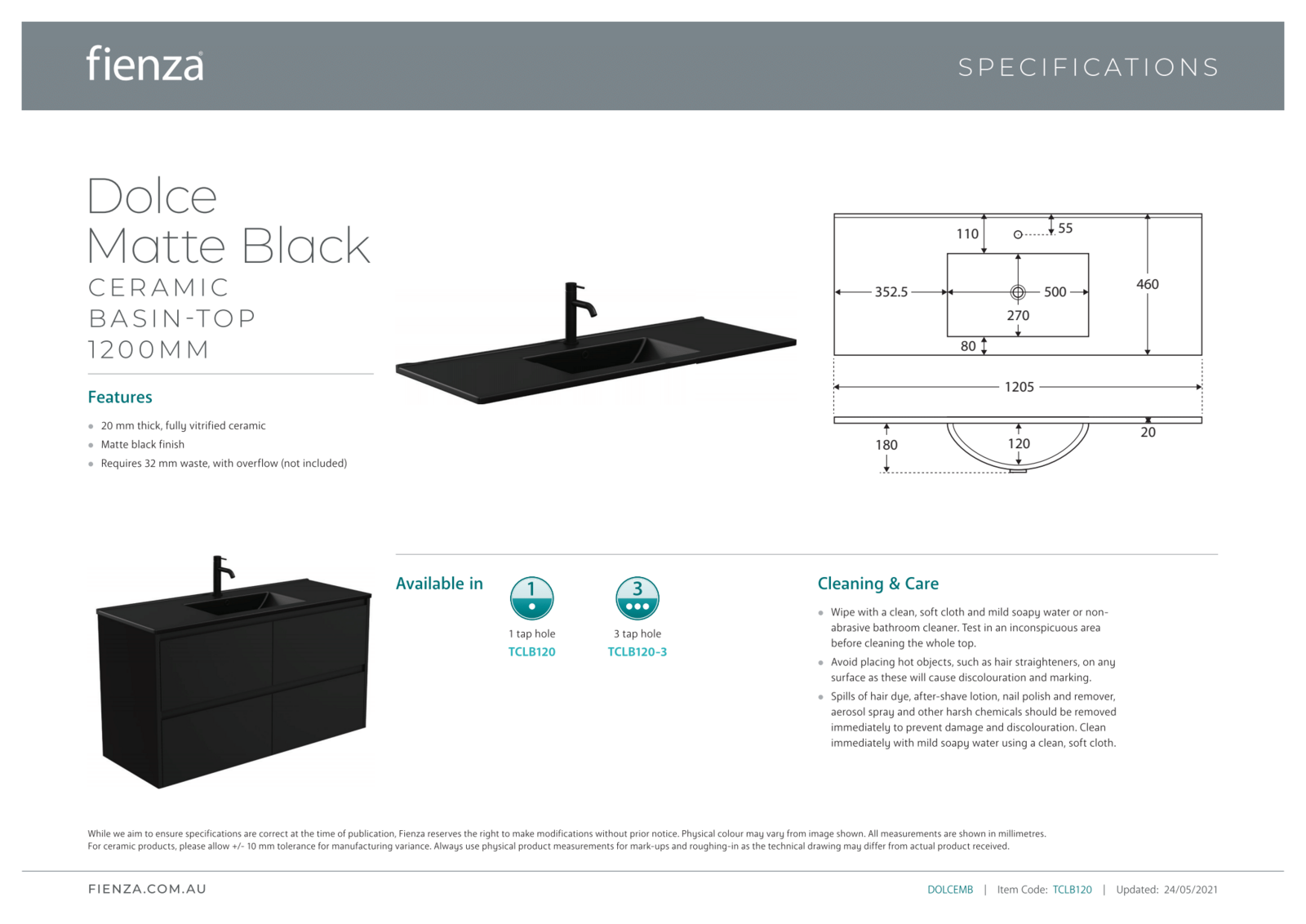 Fienza Dolce Fingerpull 1200 Wall Hung Vanity Satin Black TCLB120ZB