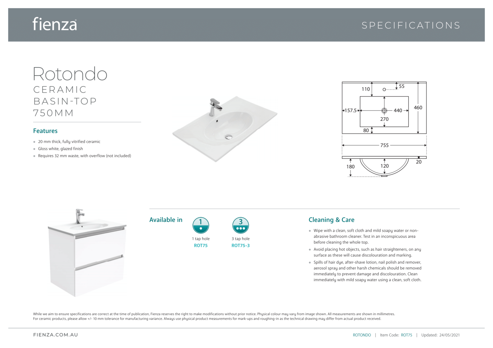 Fienza Rotondo Edge 750 Wall Hung Vanity Scandi Oak ROT75SR