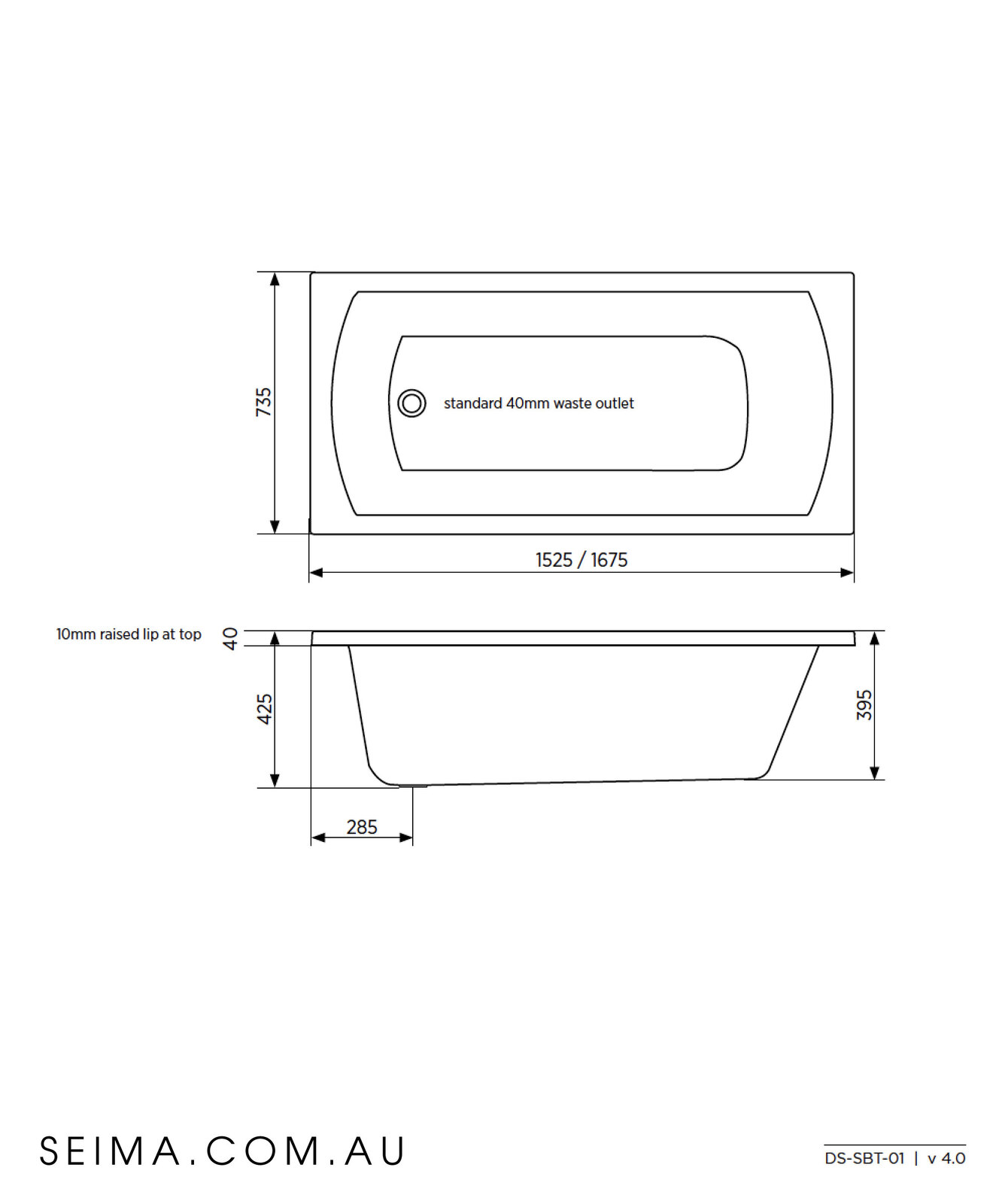 Seima Select 1525mm Inset Bath Tub Bathroom Bathtub White No Overflow ...