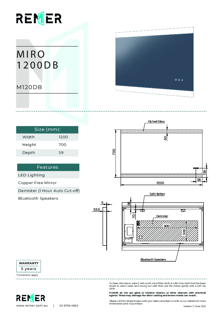 Remer Miro DB 1200mm x 700mm Bathroom Mirror LED Lighting with ...
