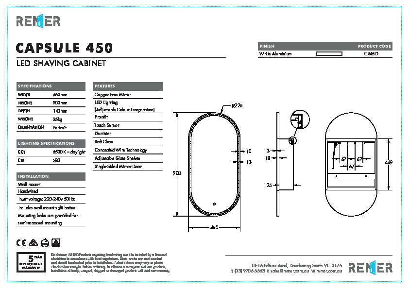 Remer LED Bathroom Mirror with Shaving Cabinet 900mm x 4500mm Capsule ...