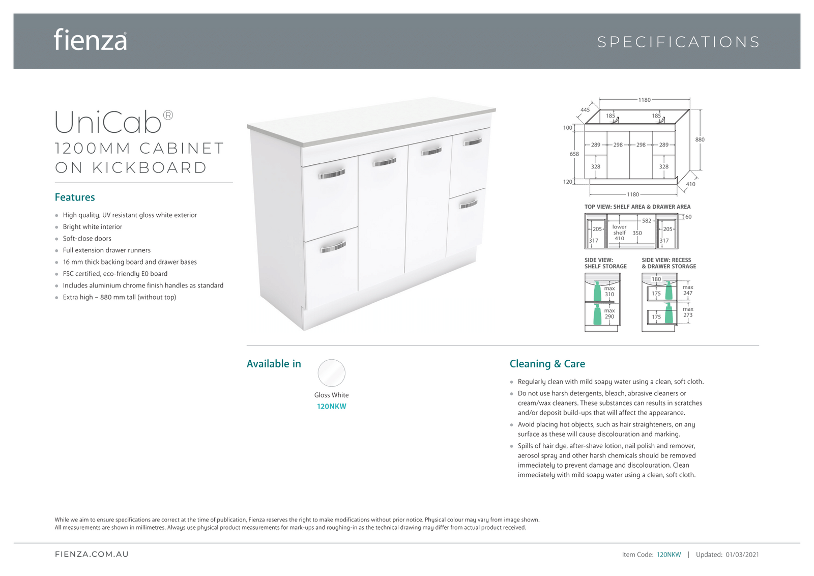 Fienza Citi UniCab 1200mm Kitchen Sink & Cabinet Cupboard Laundry ...