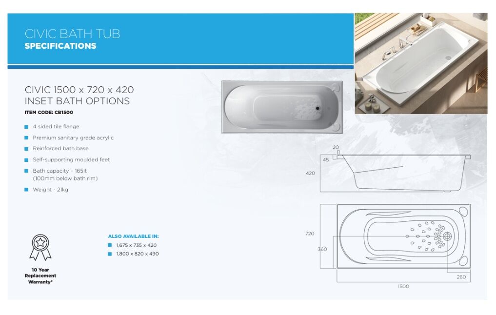 Oceano 165L Bath Tub 1500 x 720 Inset Bathtub Sanitary Grade Acrylic ...
