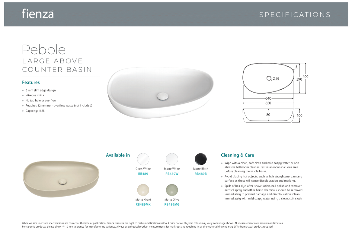 Fienza Pebble Large Above Counter Basin Gloss White 650mm x 400mm RB489