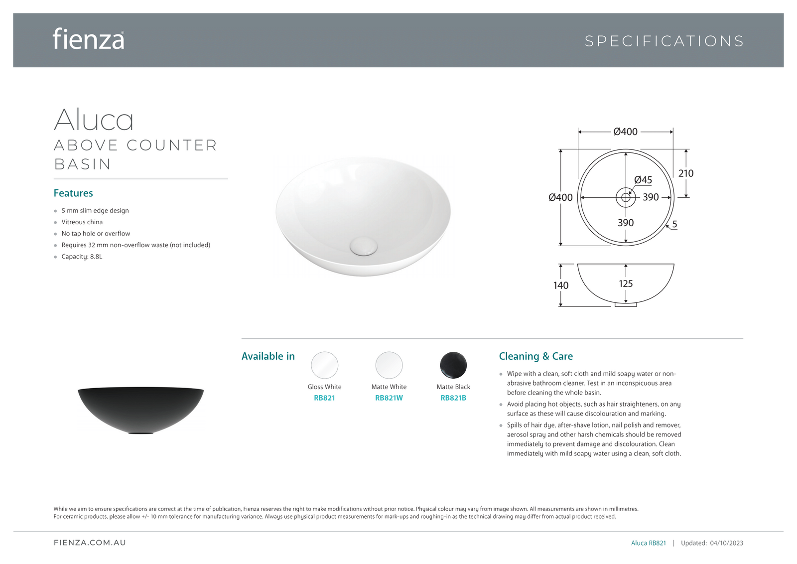 Fienza Aluca Above Counter Basin Matte Black 400mm x 400mm RB821B