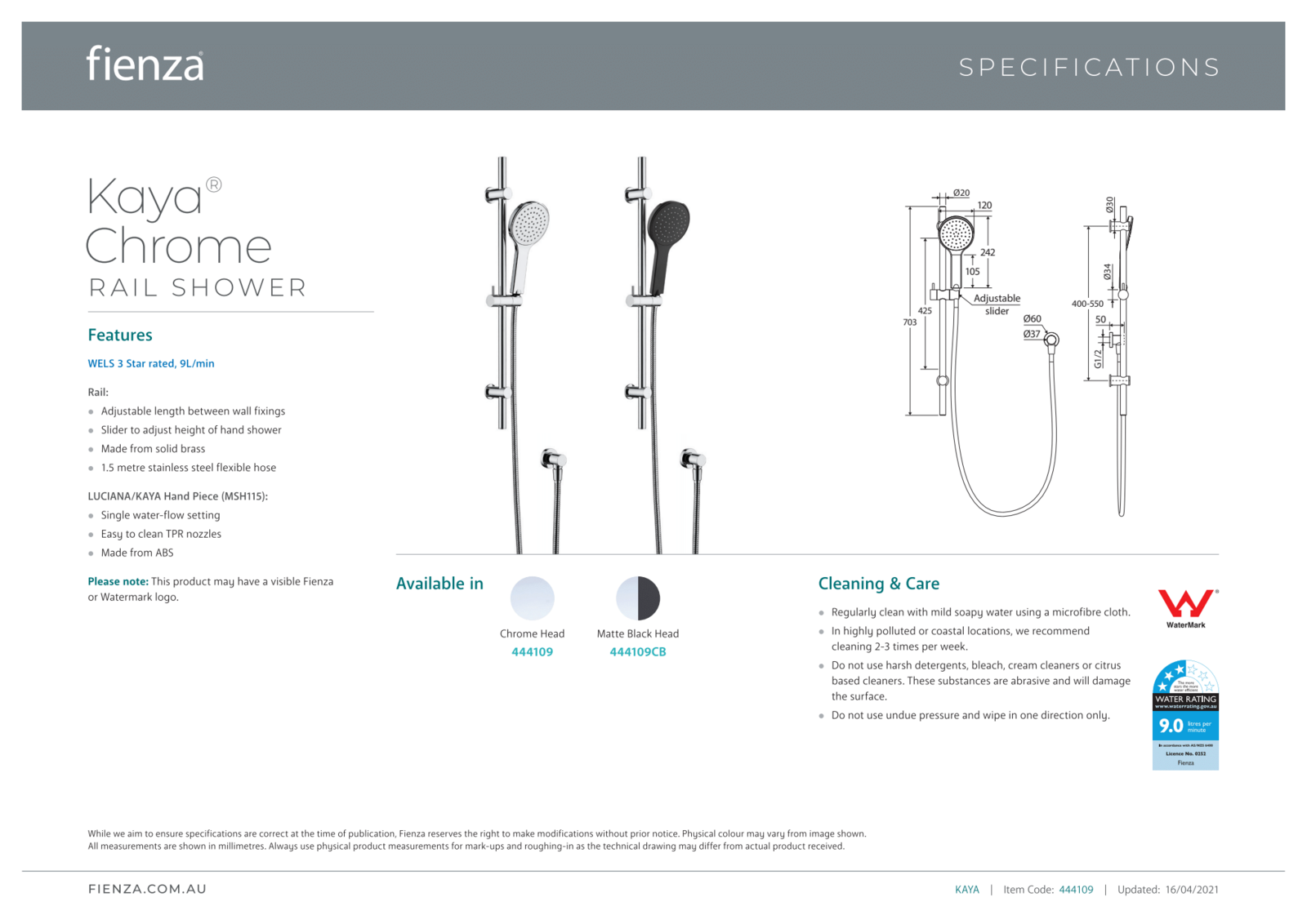 Fienza Bathroom Rail Shower Chrome Kaya 444109