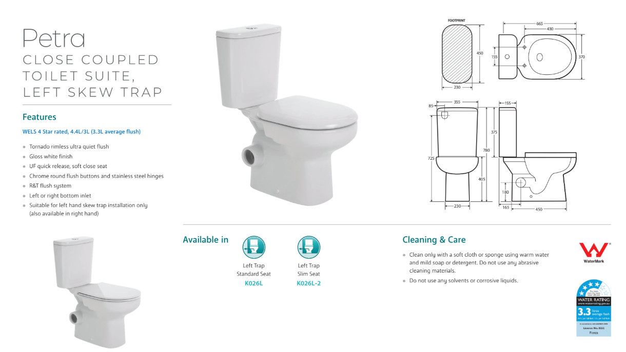 Fienza Petra Close-Coupled Toilet Suite Left Skew Trap Gloss White K026L