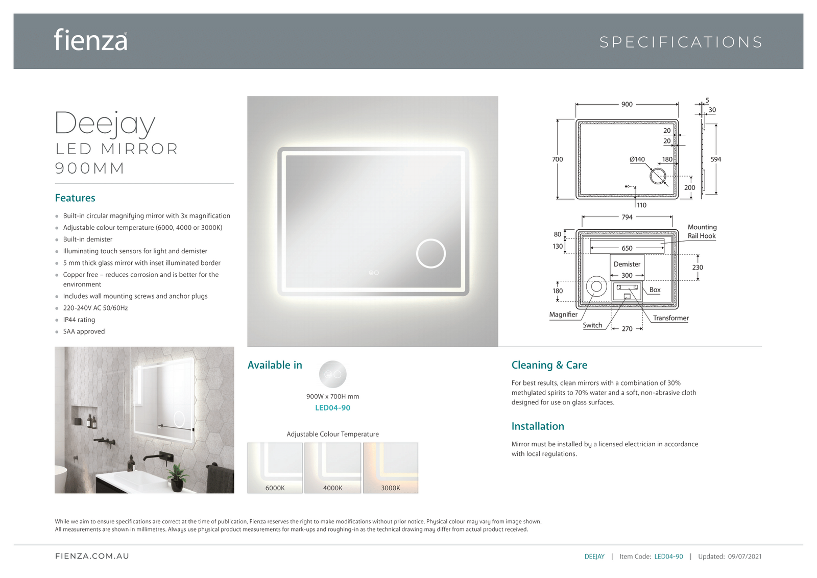 Fienza Deejay 900mm x 700mm LED Bathroom Mirror with Demister LED04-90