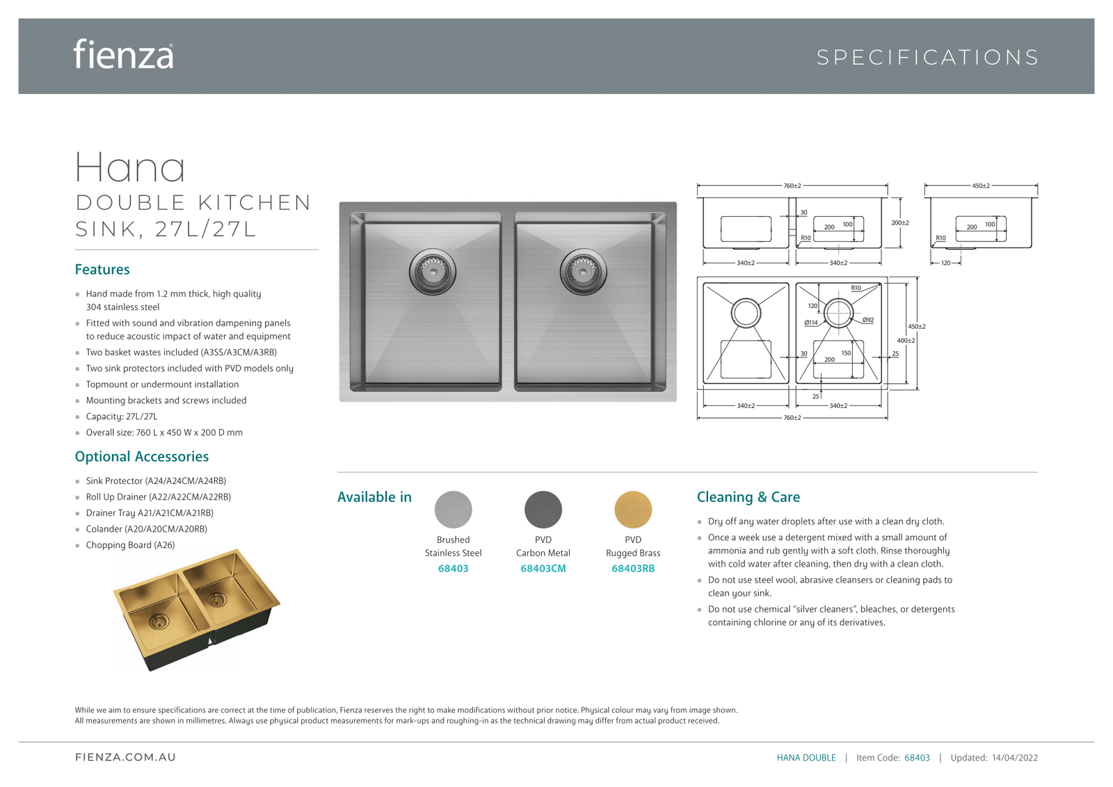 Fienza Hana Double Bowl Kitchen Sink 27L Waste Sink Drainer Colander ...